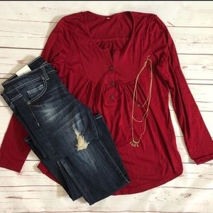 Tops | Deep Red Blouse With Brown Buttons And Flare Body | Poshmark